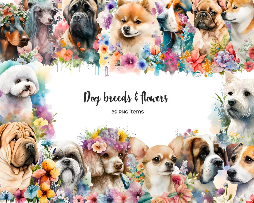 Watercolor Dog Breeds Clipart: Floral Dogs, 39 PNG (digital Download ...