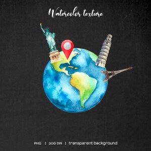 Watercolor World Landmarks Clipart: Travel Elements PNG (44 Digital ...