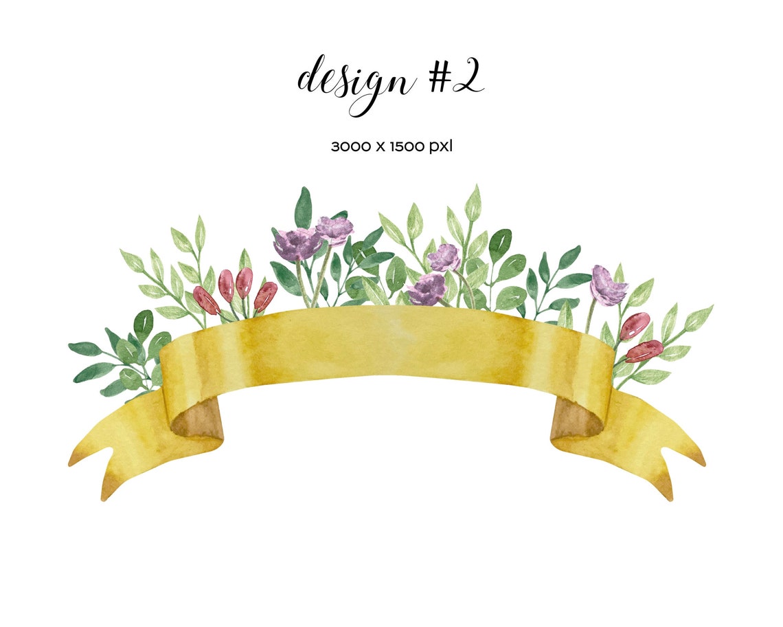 Watercolor Gold Ribbons Clipart: Floral Banners (PNG) - Etsy