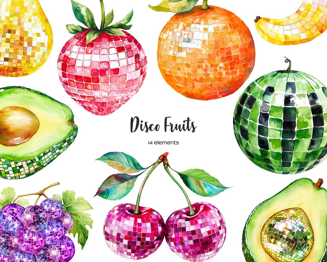 Watercolor Fruits Disco Ball Clipart 14 Fruit Party Ball Apple ...
