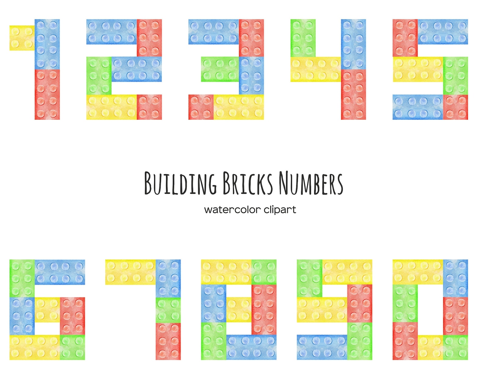 Watercolor Building Bricks Numbers Clipart: Toy Bricks PNG (digital ...