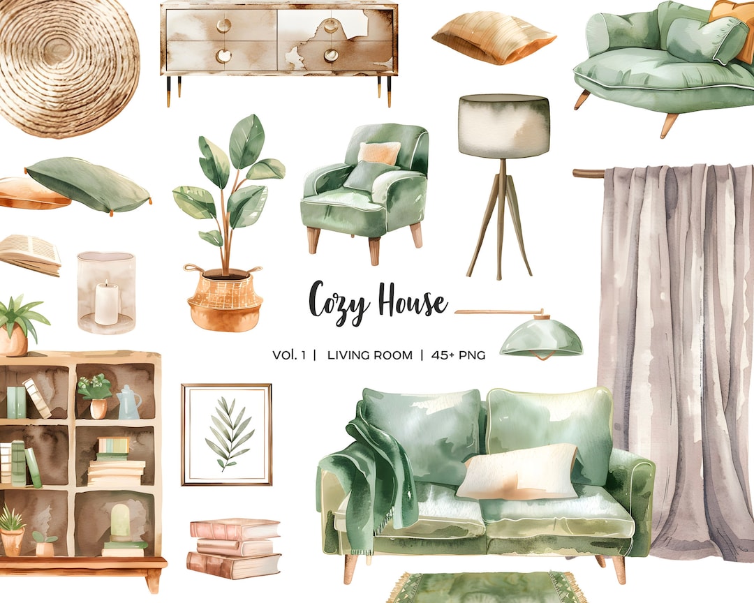 Watercolor Living Room Clipart: Cozy Home Decor (47 PNG) - Etsy