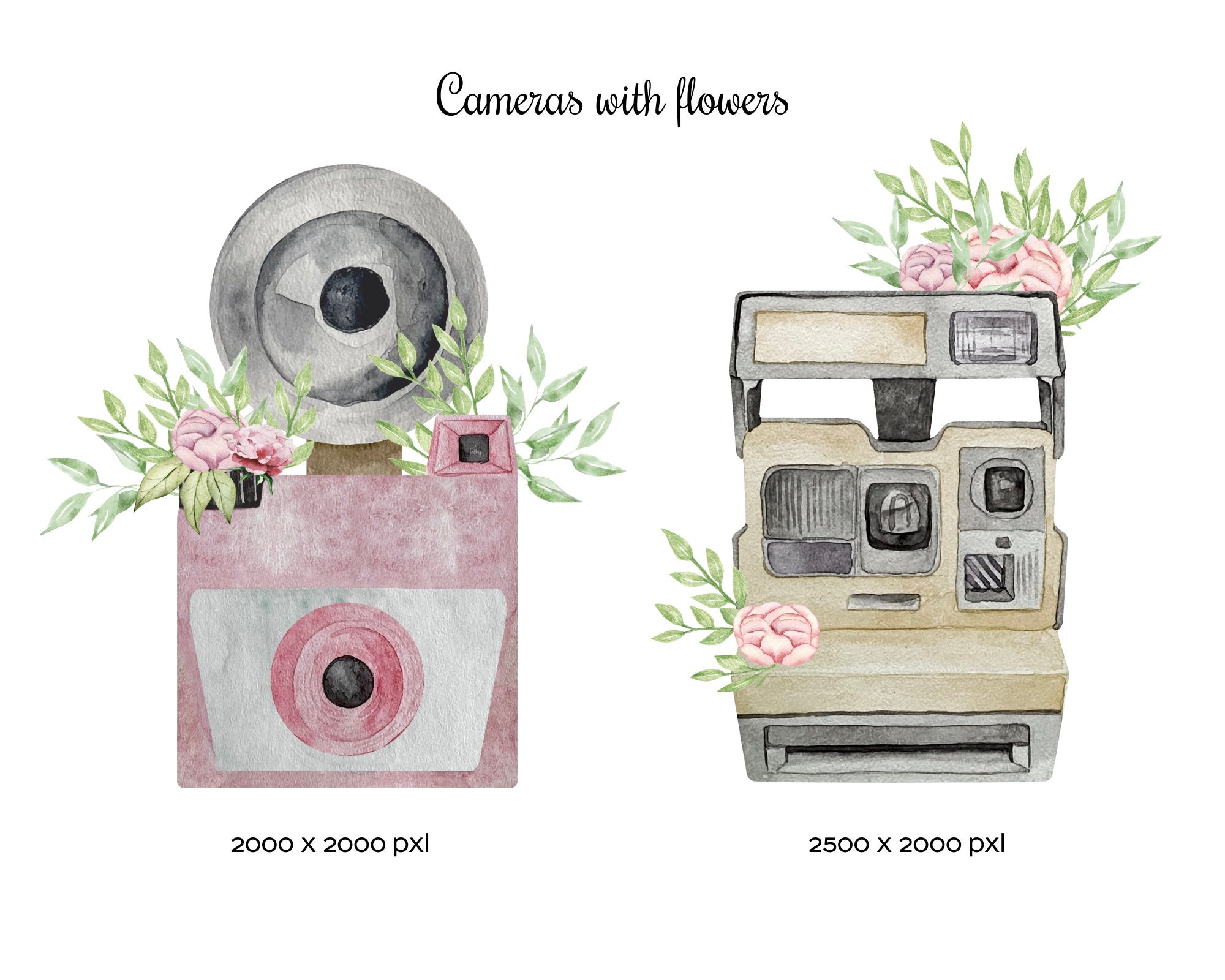 Watercolor Camera With Flowers Clipart. Floral Retro Camera PNG ...