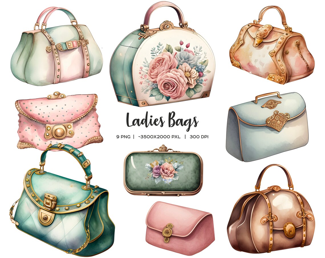 Watercolor Vintage Bag Clipart. Retro Lady Clipart. Handbag Clip Art ...
