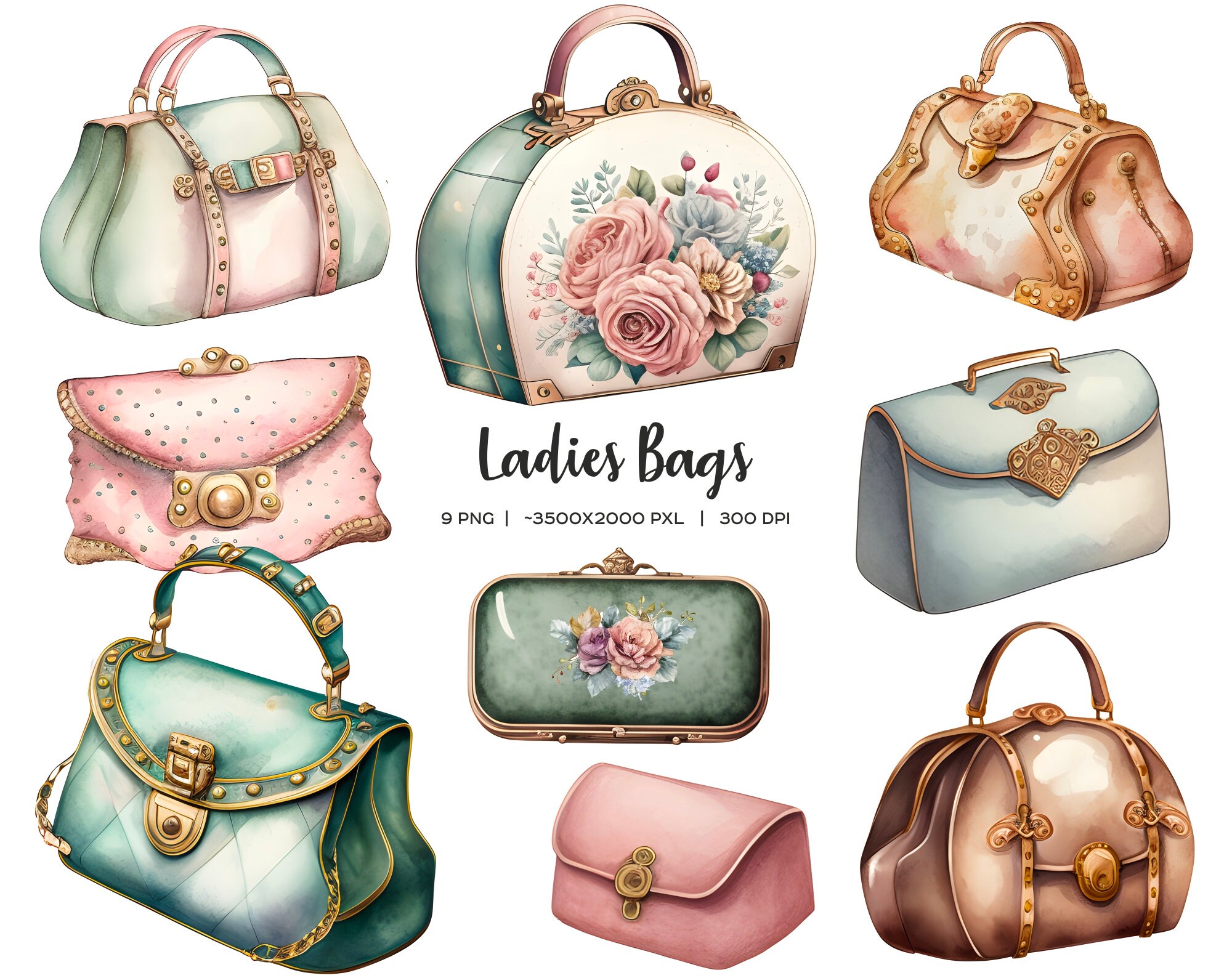 Watercolor Vintage Bag Clipart. Retro Lady Clipart. Handbag Clip Art ...