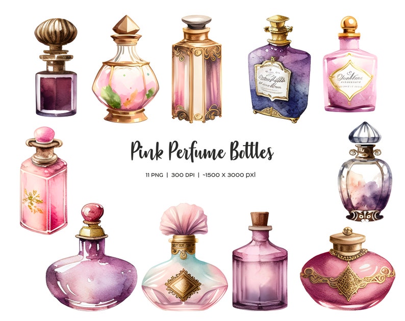 Watercolor Perfume Bottle Clipart: Pink & Purple Fragrance ...