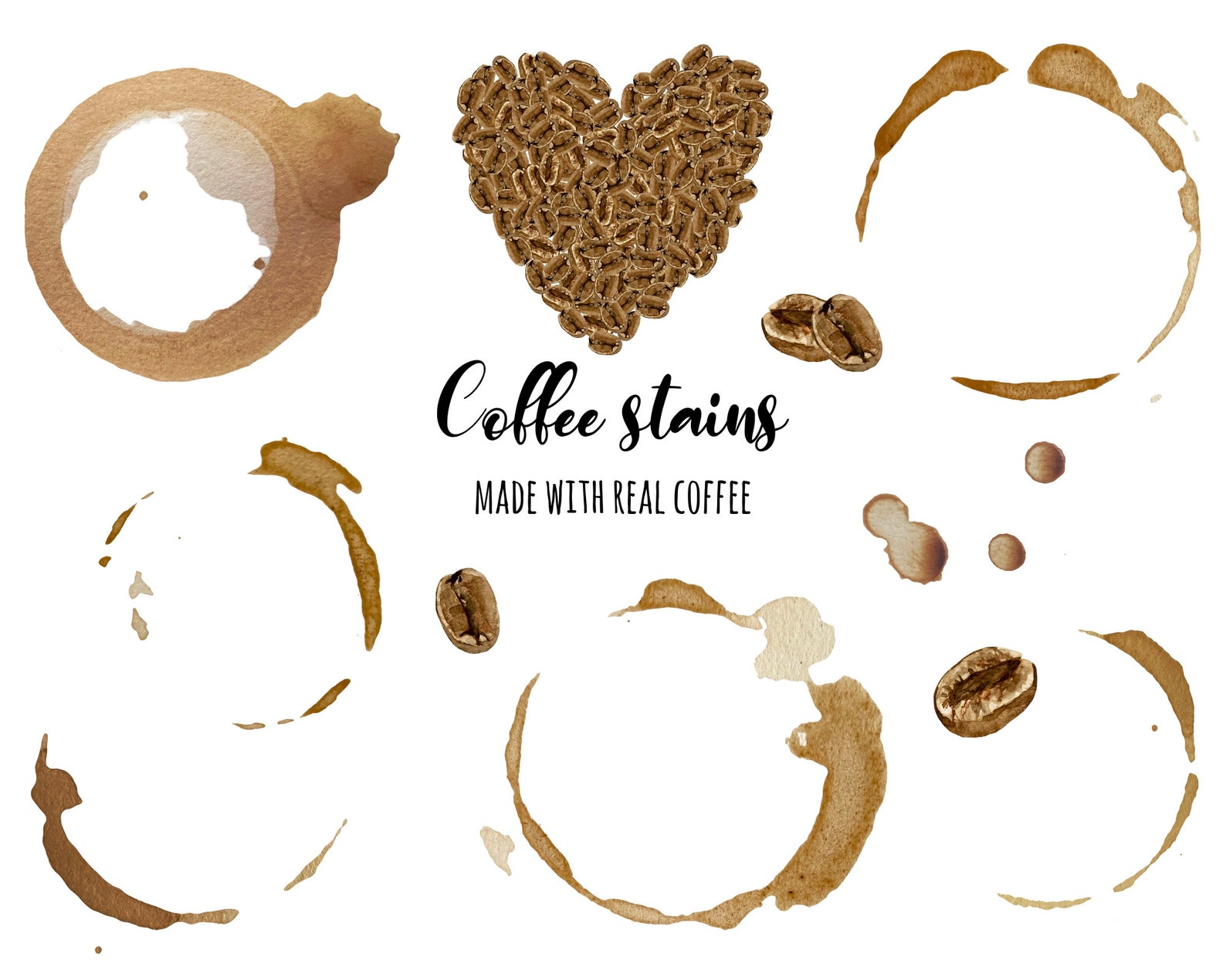 Coffee Stain Clipart, Real Coffee Rings and Beans. Watercolor Coffee ...