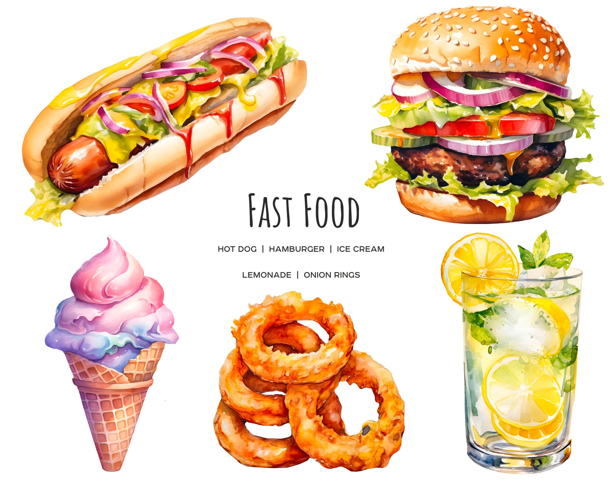 Watercolor Fast Food Clipart: 15 PNG Street Food Illustrations (digital ...