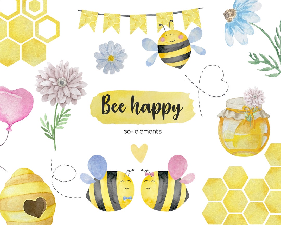 Watercolor Bee Clipart. Cute Watercolor Honey Bees, Beehive, Honeycomb ...