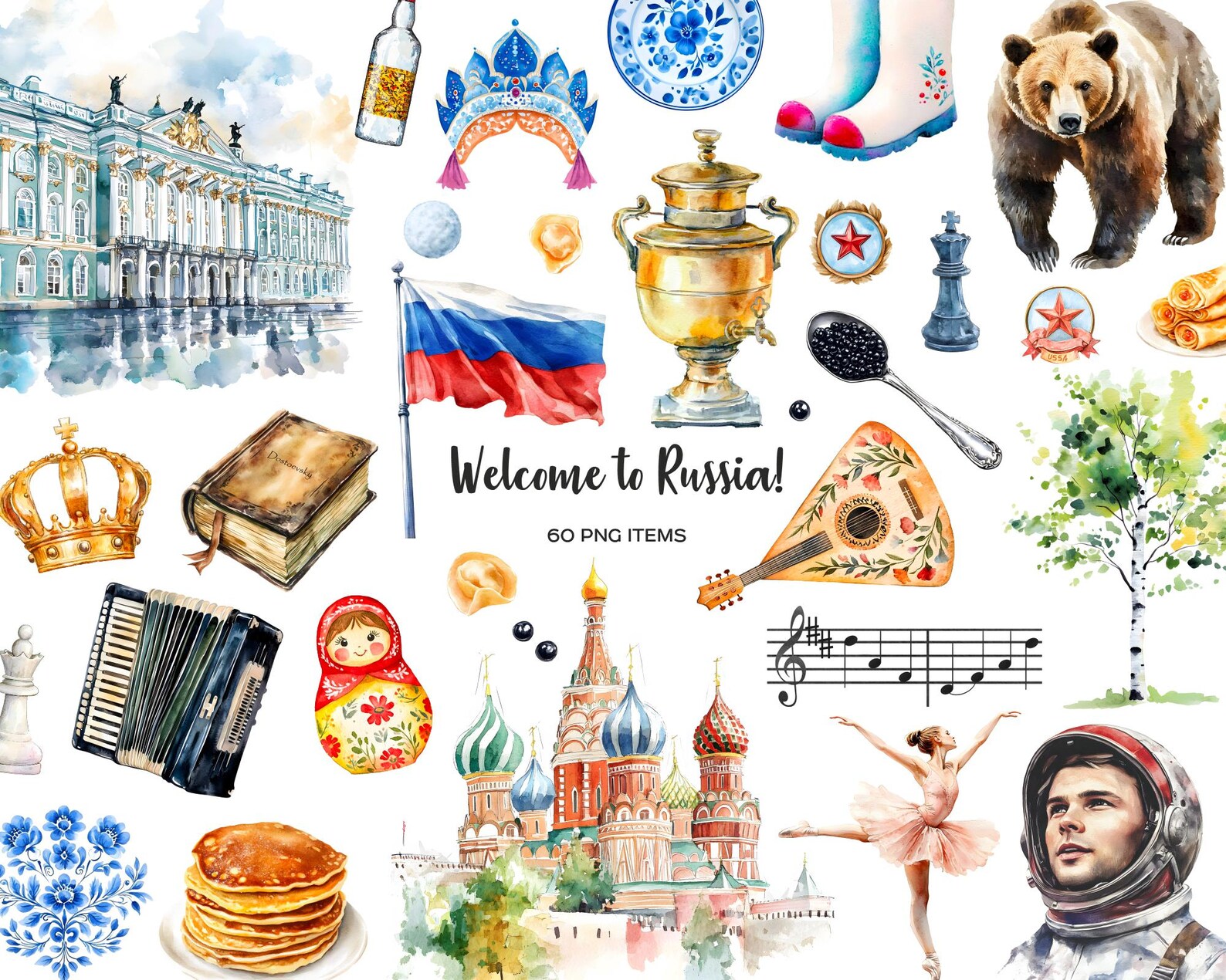 Watercolor Russia Symbol Clipart Russian Items Set Welcome to Russia ...