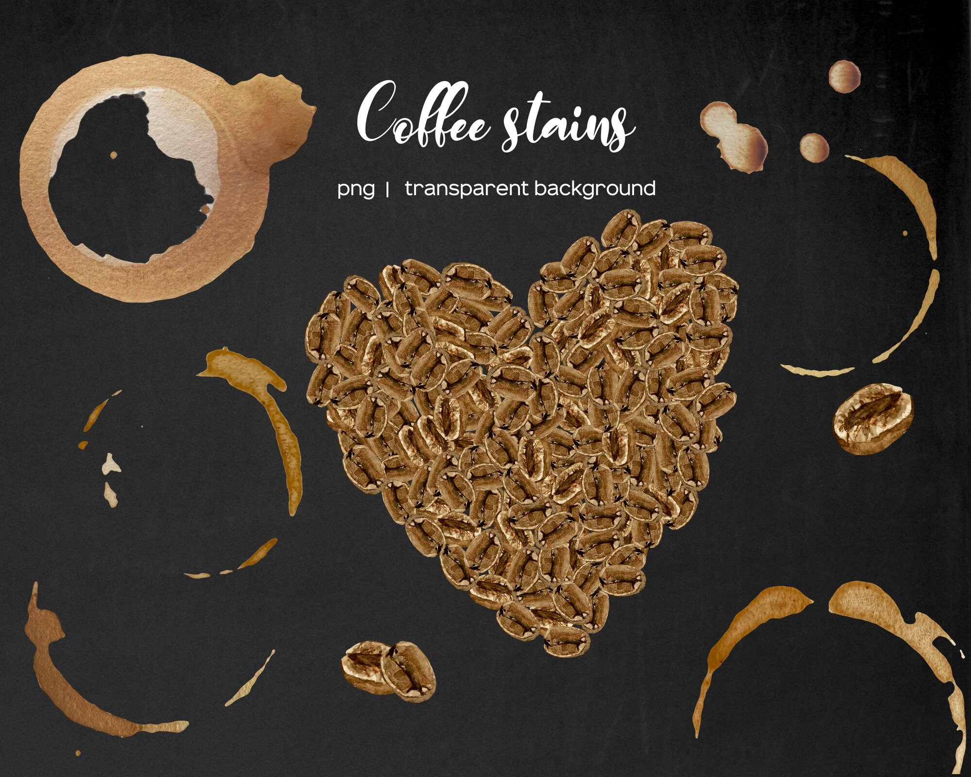 Coffee Stain Clipart, Real Coffee Rings and Beans. Watercolor Coffee ...