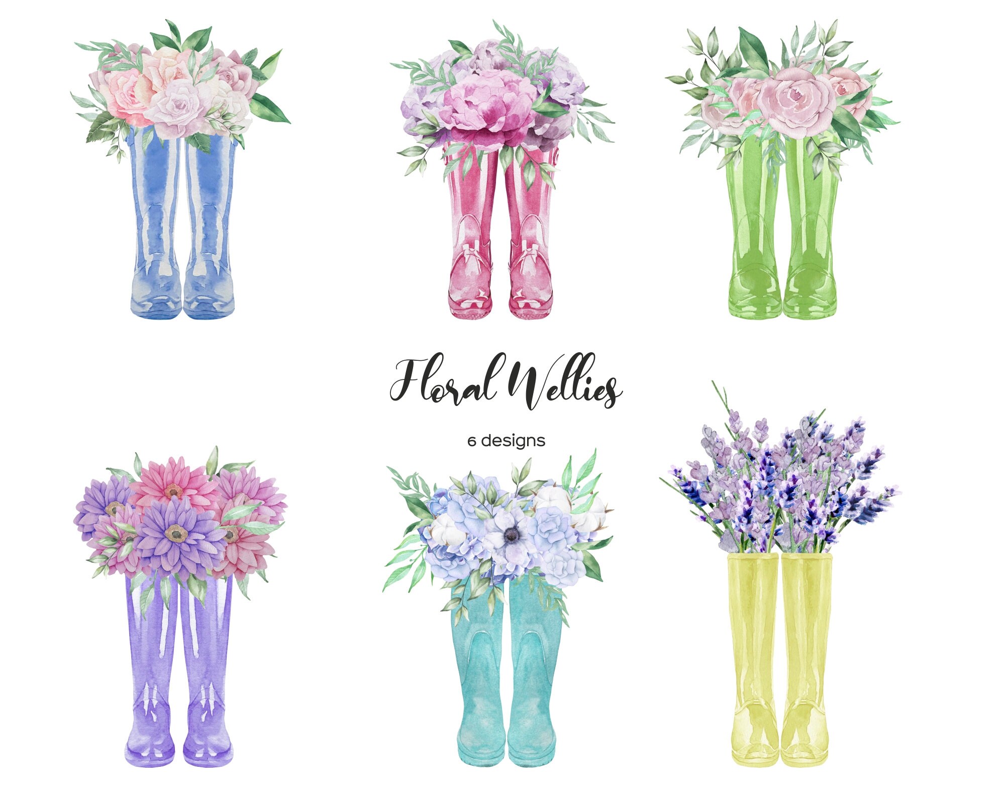 Watercolor Wellies With Flowers Clipart. Floral Rain Boots 6 PNG ...