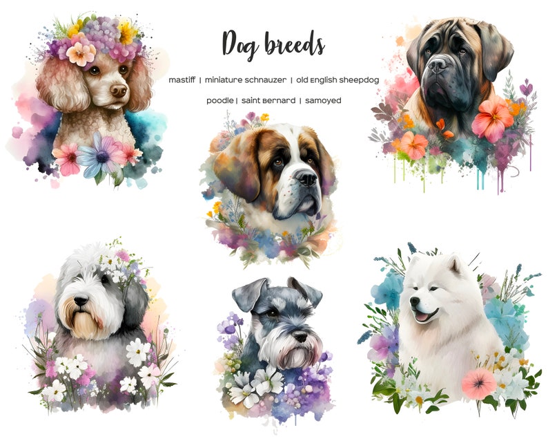 Watercolor Dog Breeds Clipart: Floral Dogs, 39 PNG (digital Download ...