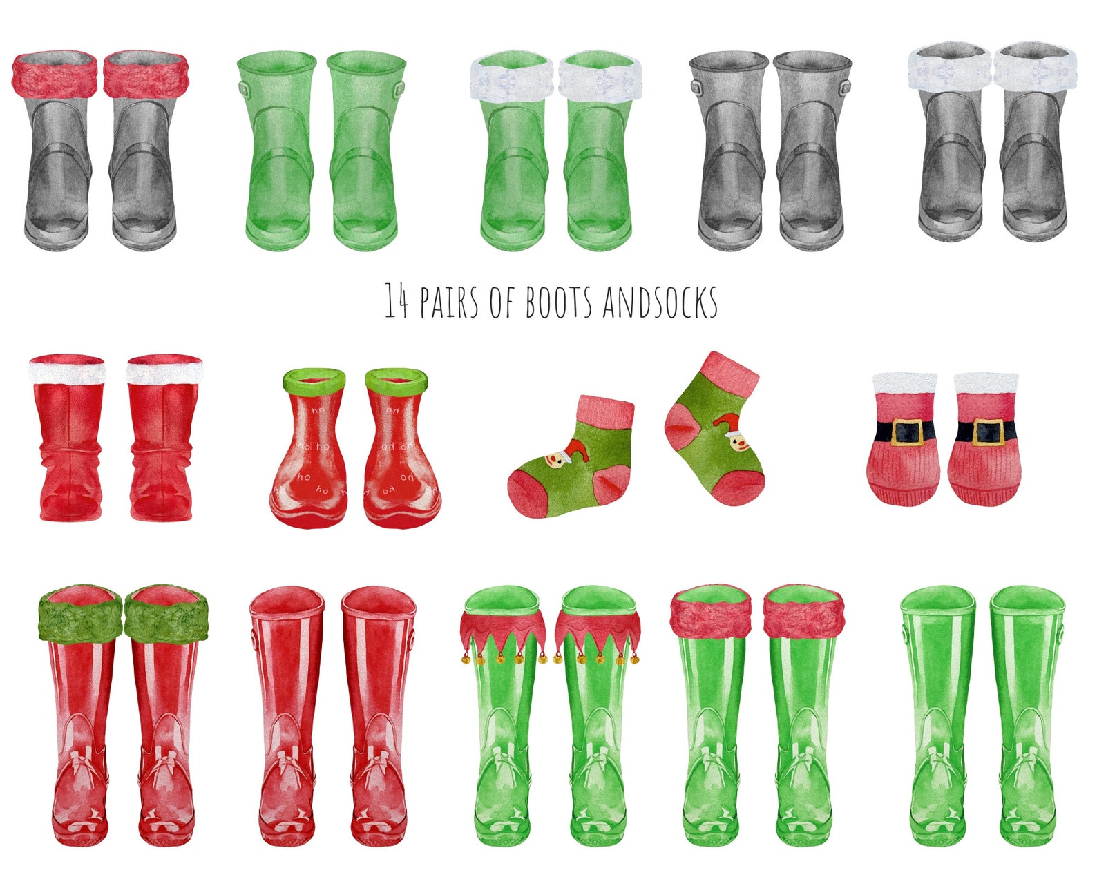 Watercolor Christmas Family Boots Clipart: DIY Personalized Print (PNG ...