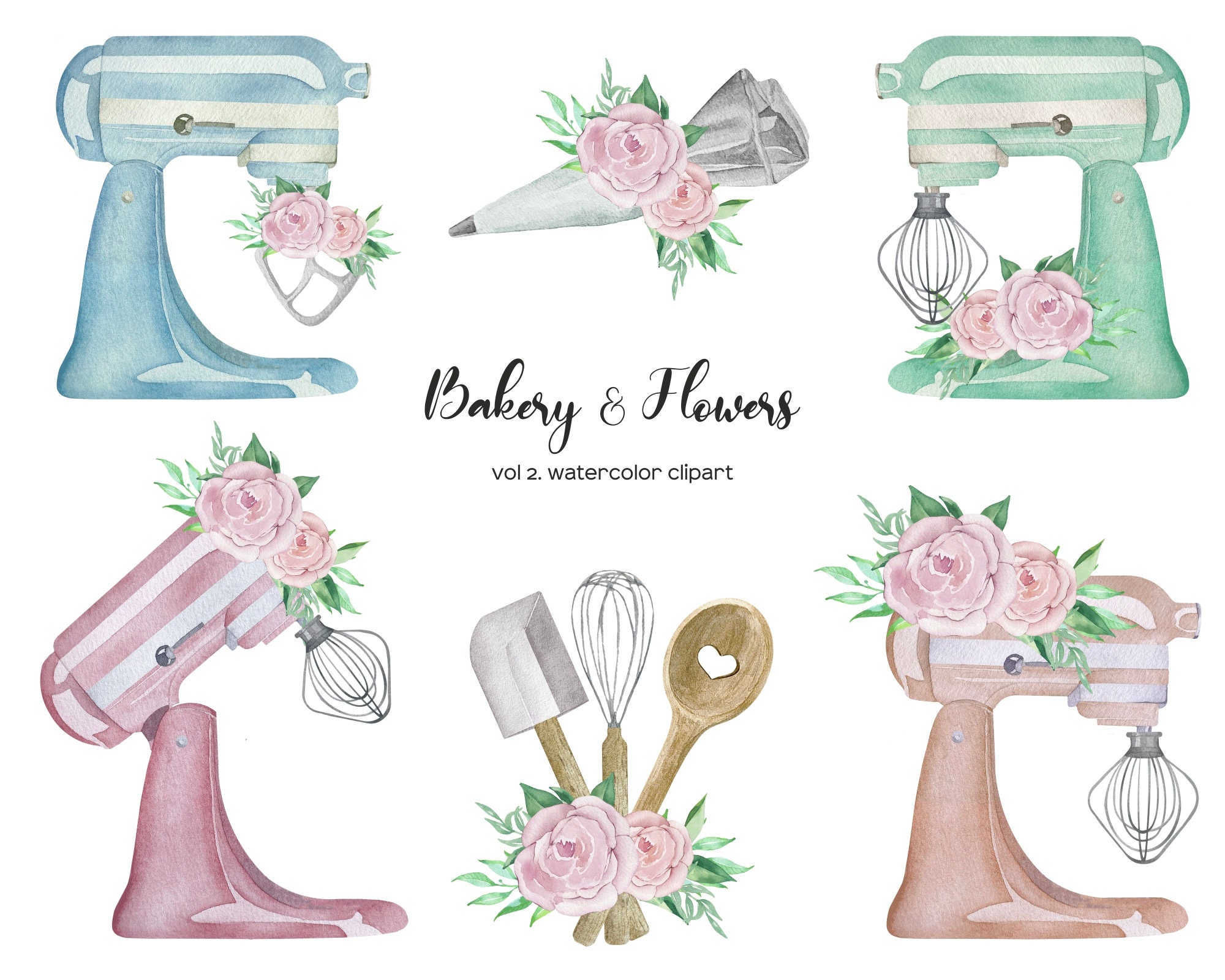 Watercolor Bakery Logo With Mixer. Premade Baking Logo. Floral Cake ...