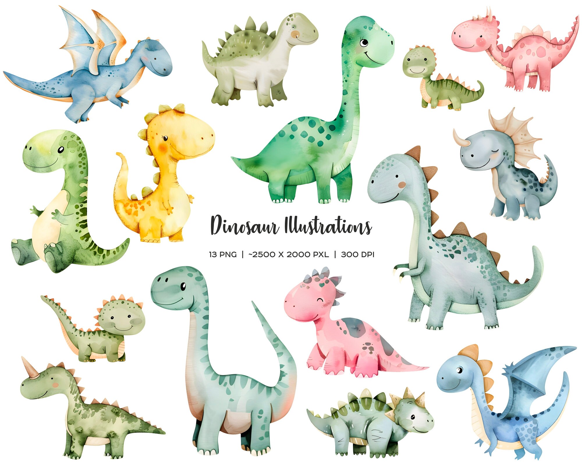 Watercolor Dinosaur Clipart: Baby Dino Illustrations (43 PNG) - Etsy