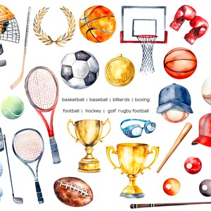 Watercolor Sport Equipment Clipart. Sport Items Clip Art. Football ...