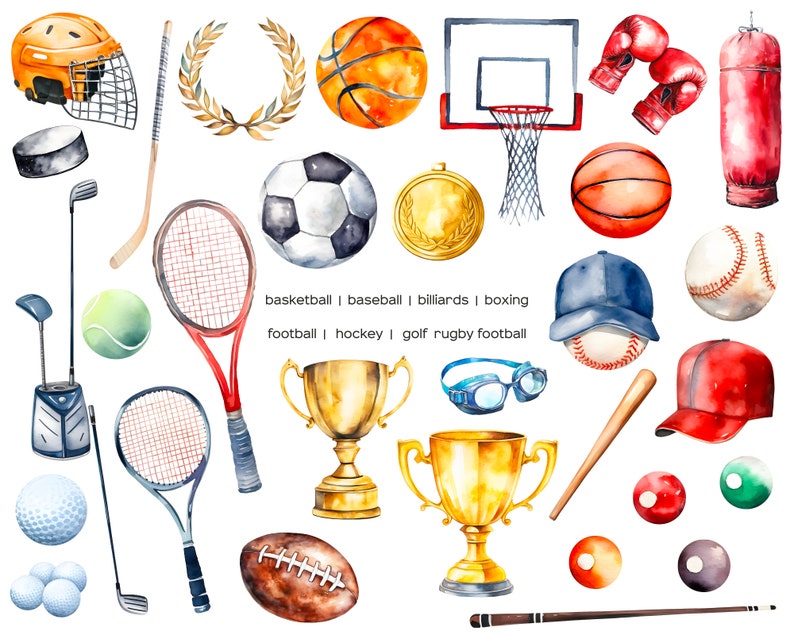 Watercolor Sport Equipment Clipart. Sport Items Clip Art. Football ...