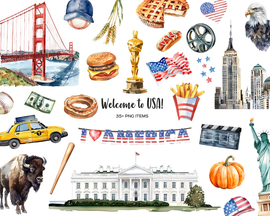 Watercolor USA Clipart: American Landmarks & Symbols (PNG) - Etsy