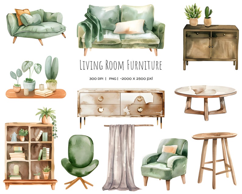 Watercolor Living Room Clipart: Cozy Home Decor (47 PNG) - Etsy