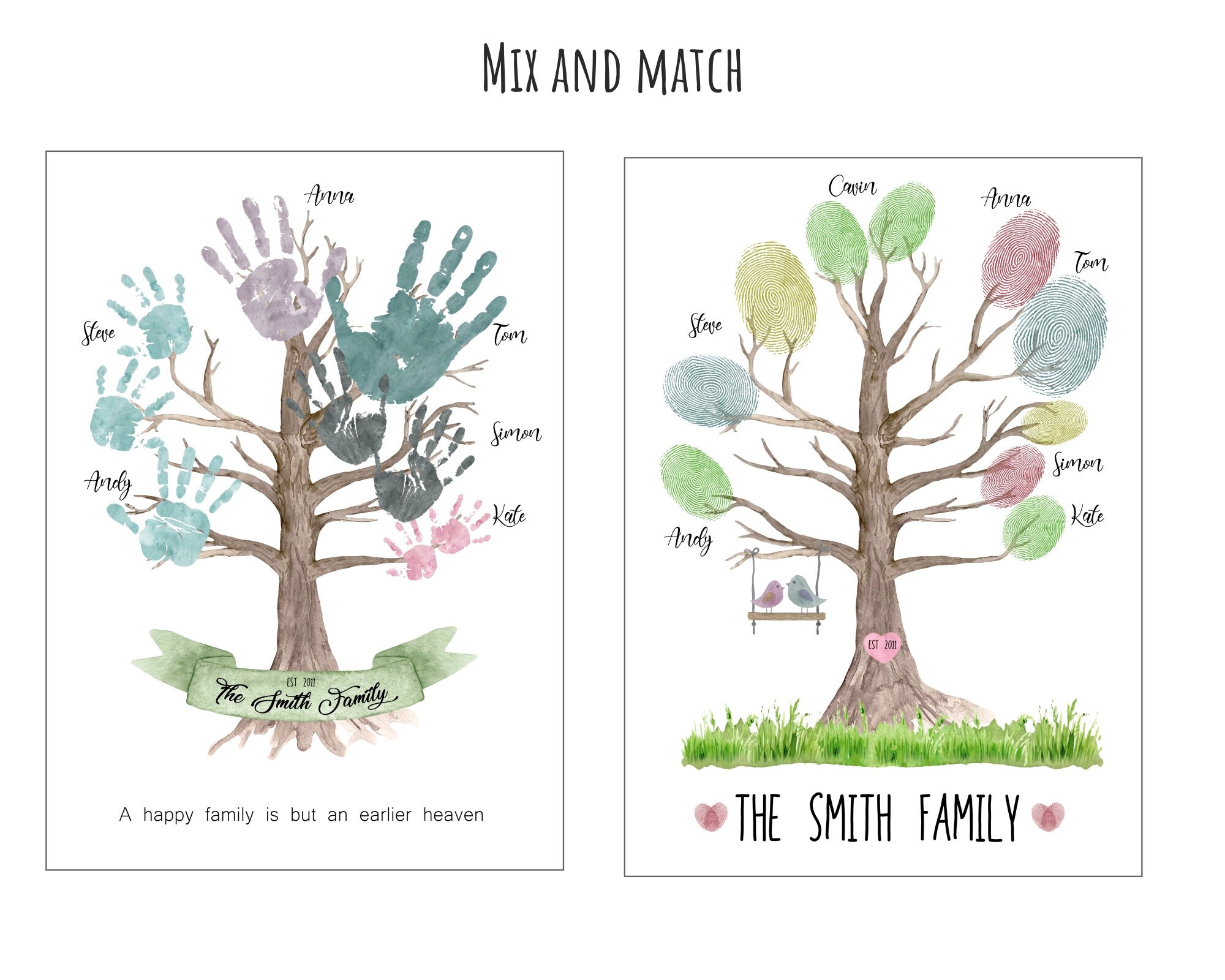 Watercolor Family Tree Clipart: Handprint & Fingerprint DIY (PNG, JPG ...