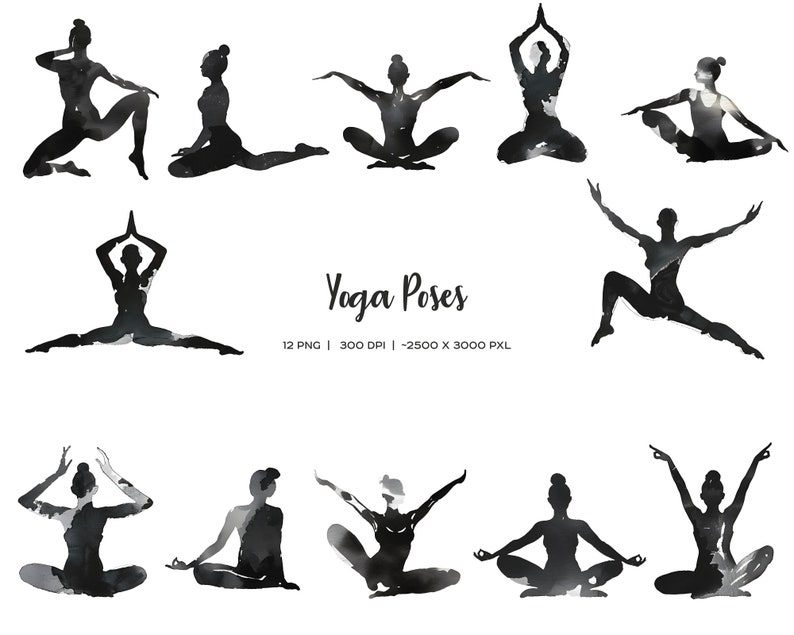 Watercolor Yoga Poses Clipart. Black Female Yoga Silhouette 12 PNG ...
