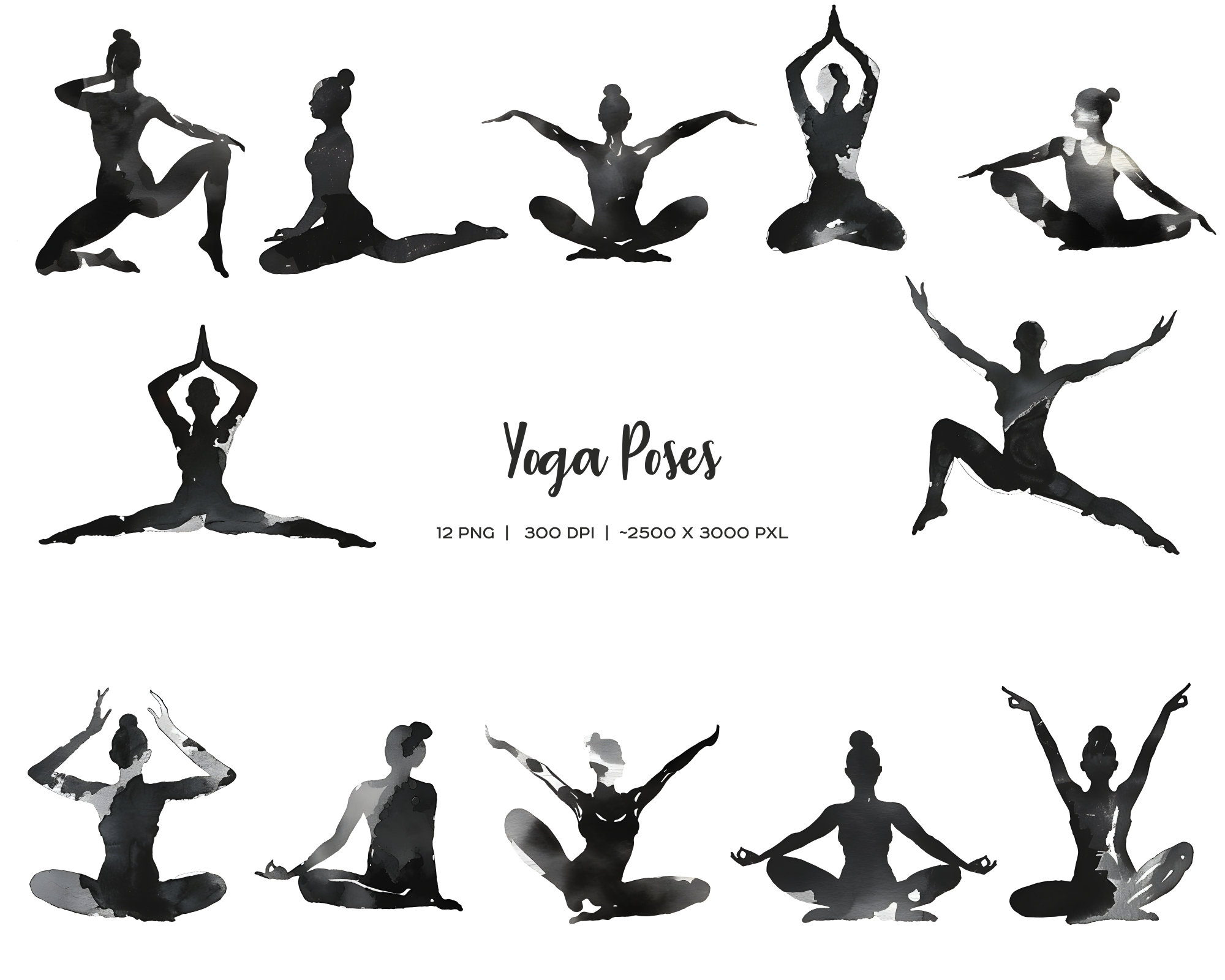 Watercolor Yoga Poses Clipart. Black Female Yoga Silhouette 12 PNG ...