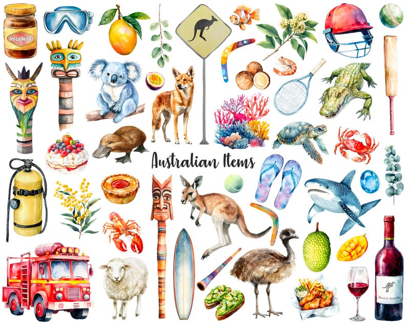 Watercolor Australia Clipart Australian Items and Symbols Australian ...