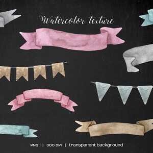 Watercolor Ribbons and Bunting Clipart. Pastel Watercolor Banners. Pink ...