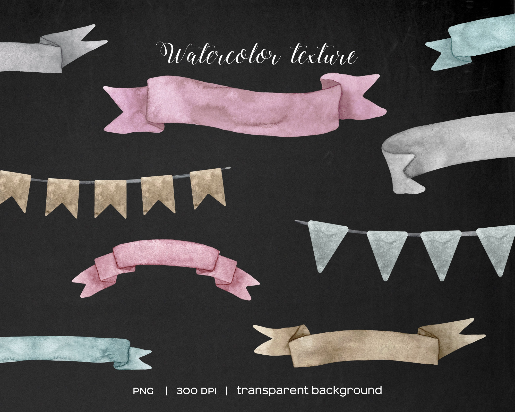 Watercolor Ribbons and Bunting Clipart. Pastel Watercolor Banners. Pink ...