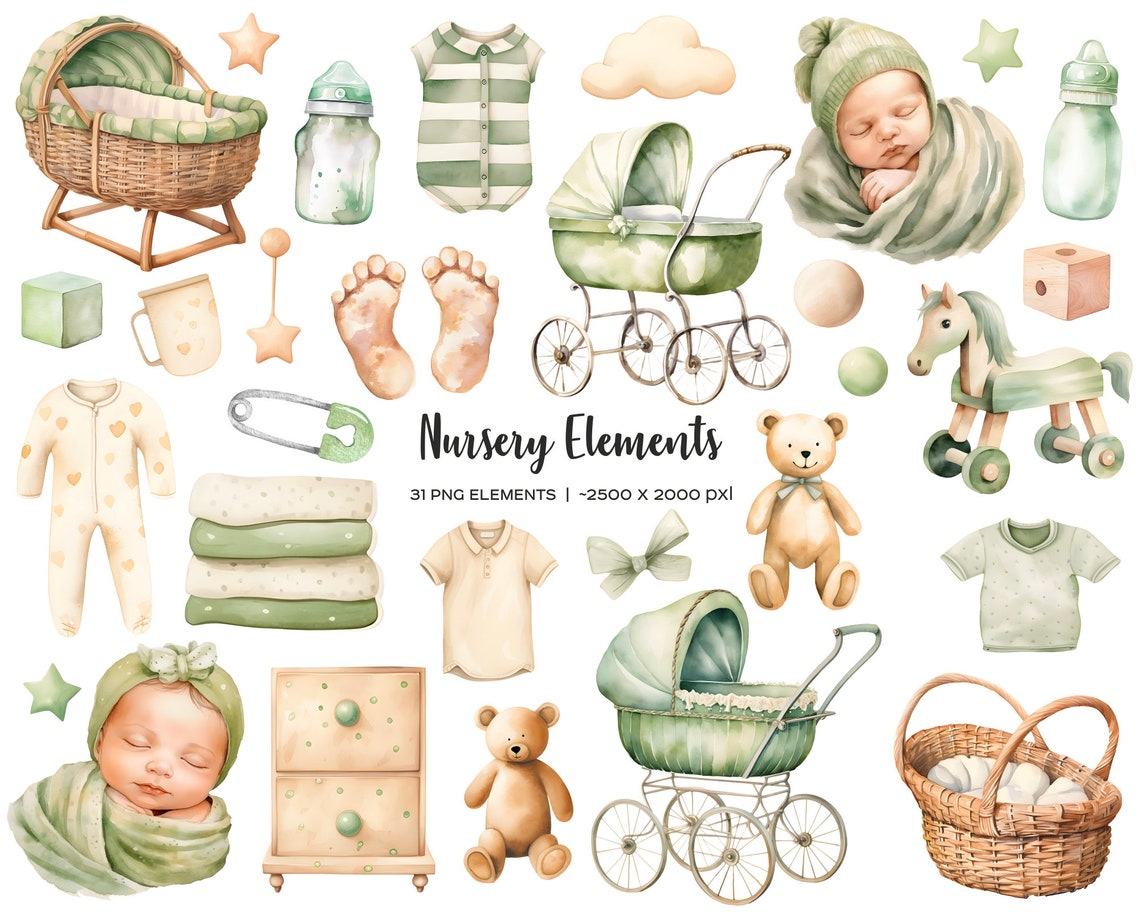 Watercolor Baby Clipart. Newborn Baby Clip Art. Pastel Beige and Green ...