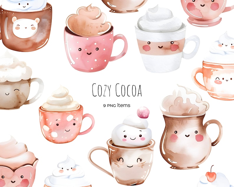 Watercolor Kawaii Hot Chocolate Cup Clipart. Cozy Hot Chocolate Mug ...