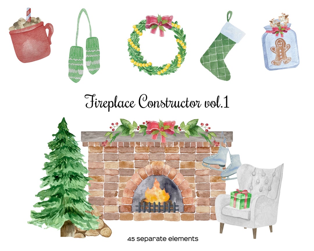 Watercolor Christmas Fireplace Clipart. Farmhouse Xmas Fireplace ...