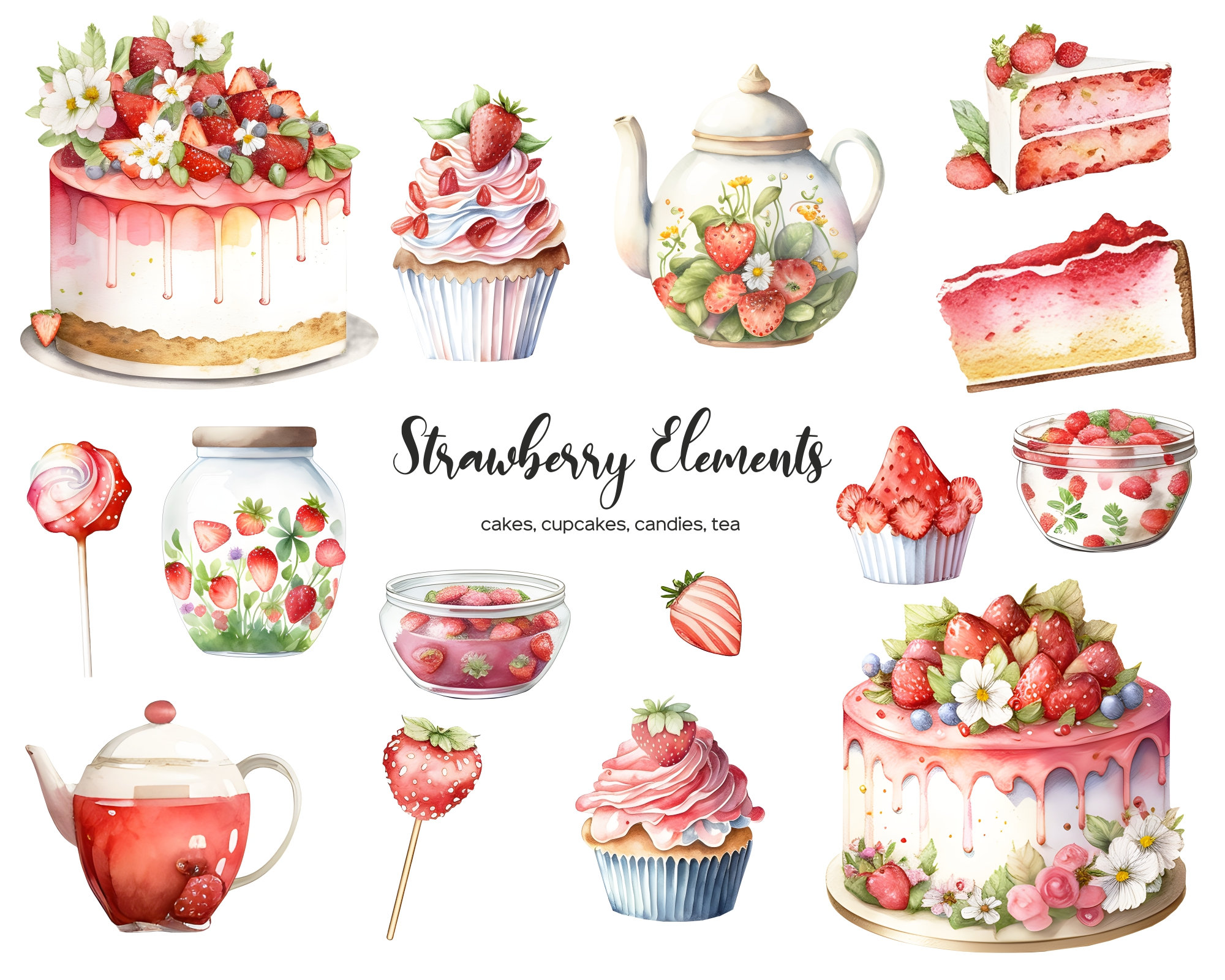 Watercolor Strawberry Sweets Clipart. Strawberry Cake, Cupcake ...