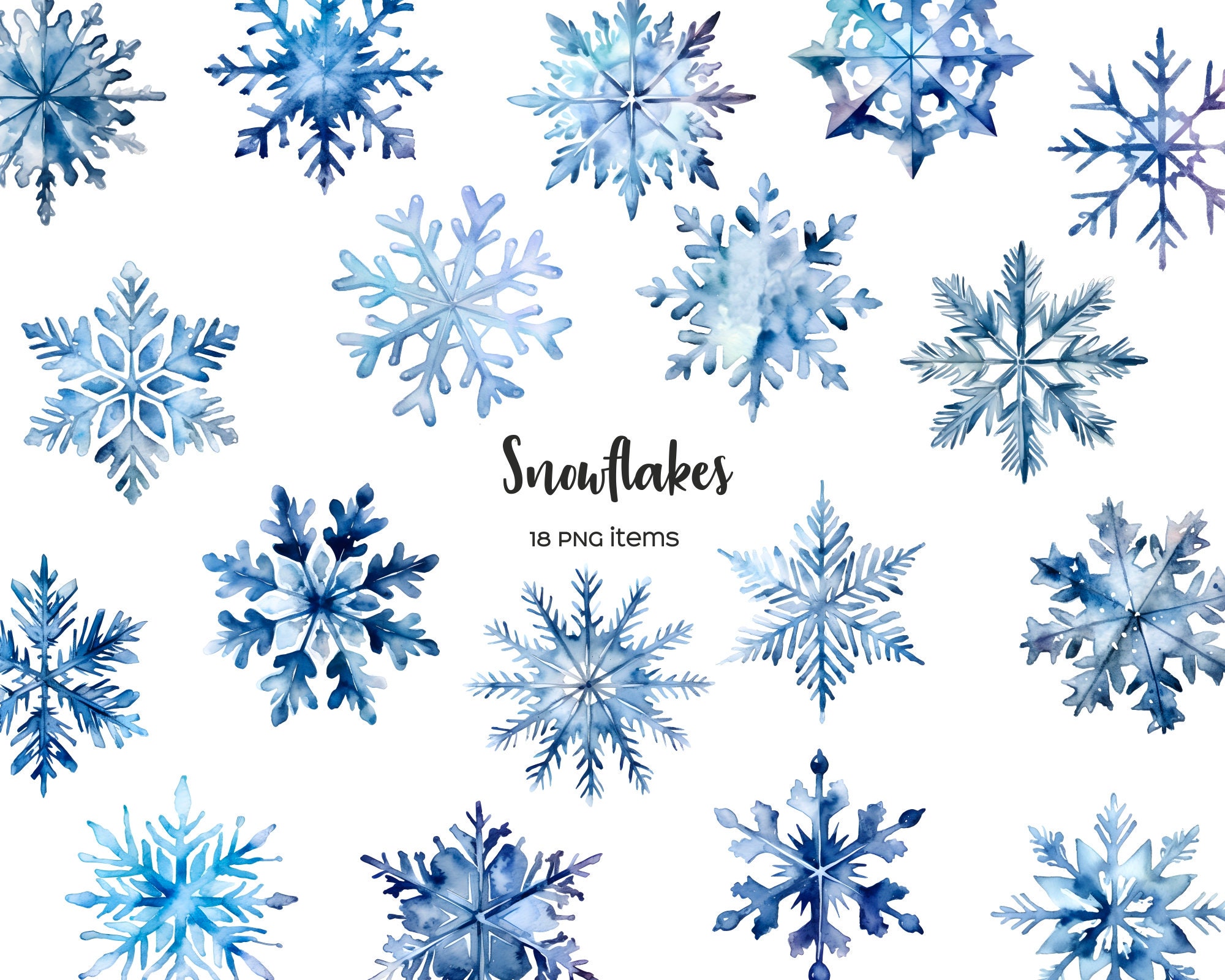 Watercolor Snowflakes Clipart: 18 Blue PNG Holiday Designs (digital ...
