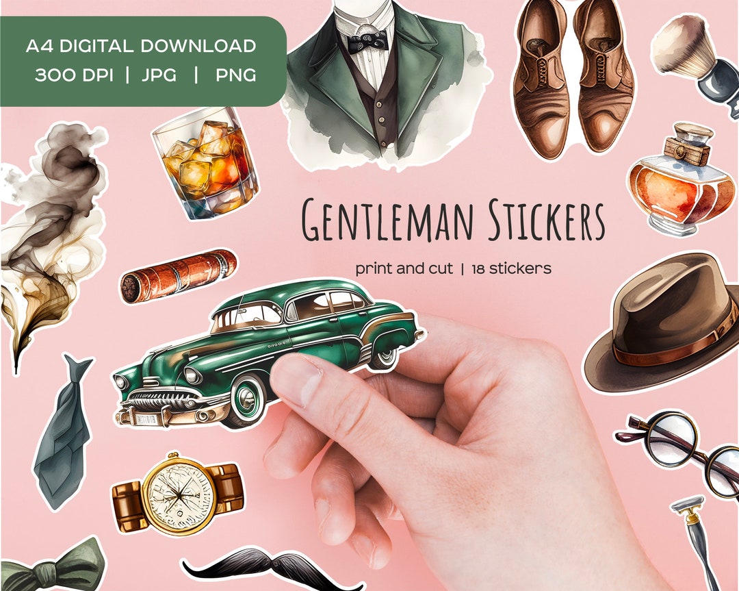 Watercolor Gentleman Stickers: Retro Wardrobe Accessories (print & Cut ...