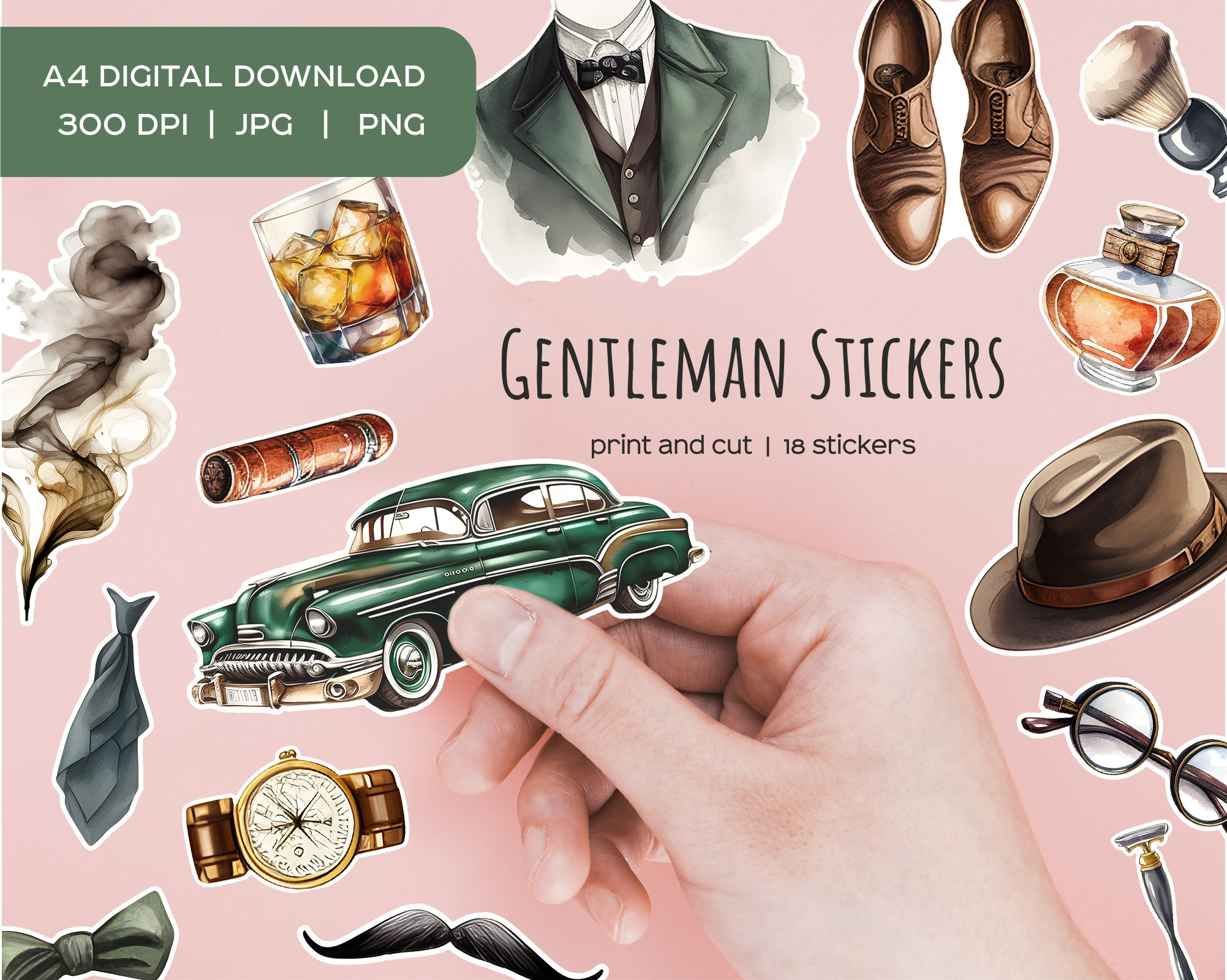 Watercolor Gentleman Stickers: Retro Wardrobe Accessories (print & Cut ...
