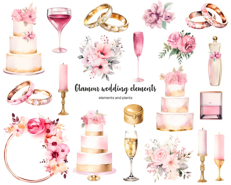 Watercolor Wedding Clipart: Pink & Gold Glamour Theme (PNG Digital ...