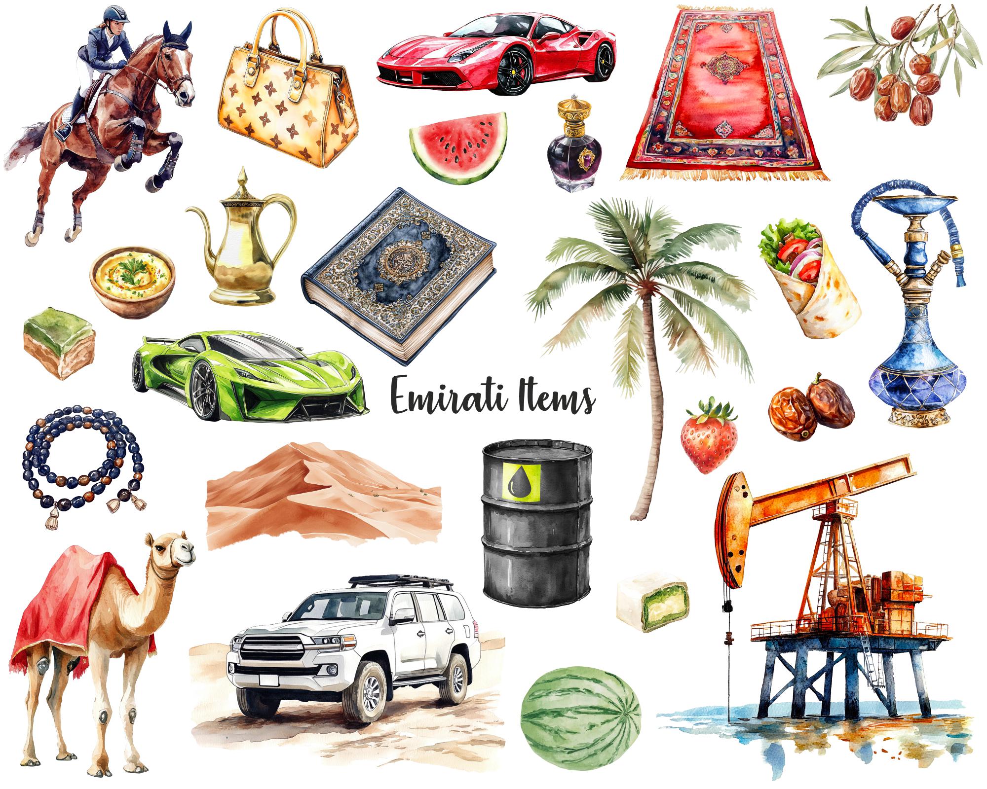 Watercolor UAE Clipart: Emirati Symbols, Dubai & Abu Dhabi (PNG Digital ...