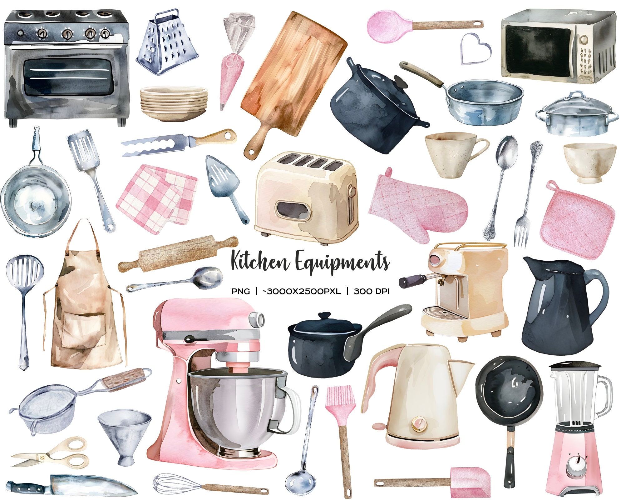 Watercolor Kitchen Utensil Clipart: 42 PNG Cooking Equipment (digital ...
