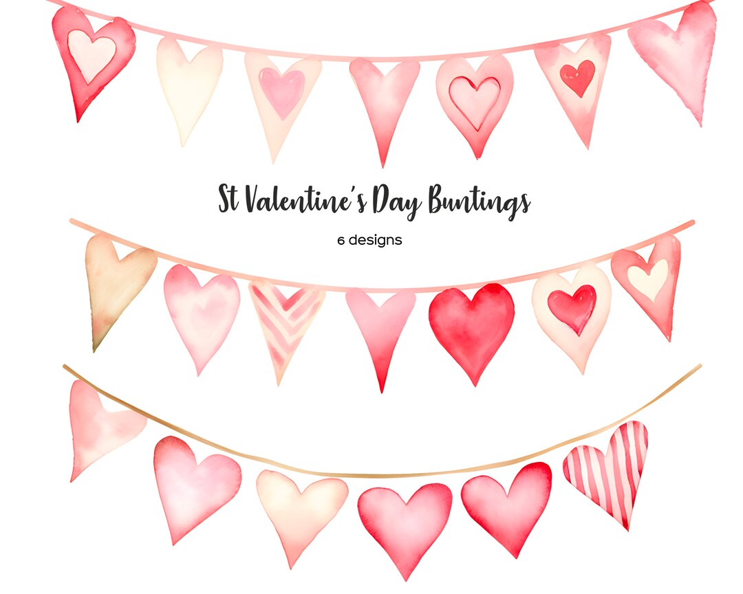 Watercolor Valentine Bunting Clipart. Valentine Red Pink Heart Bunting ...