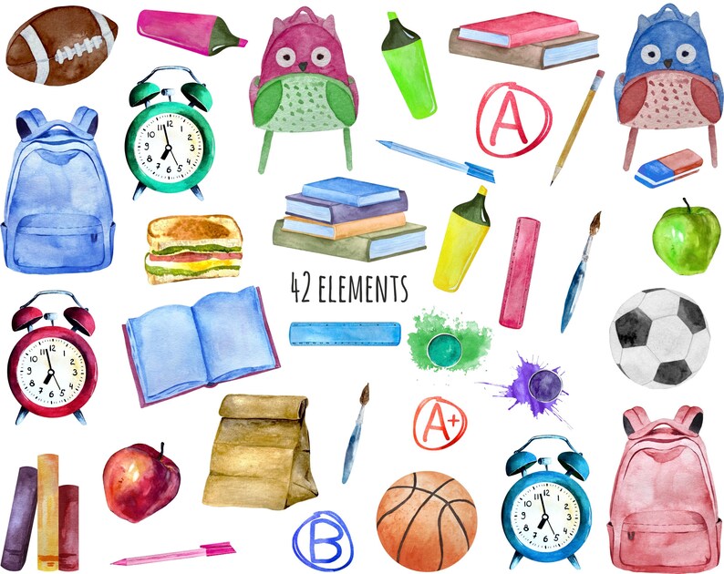 Watercolor School Clipart. Back to School Images - Watercolor Backpack ...