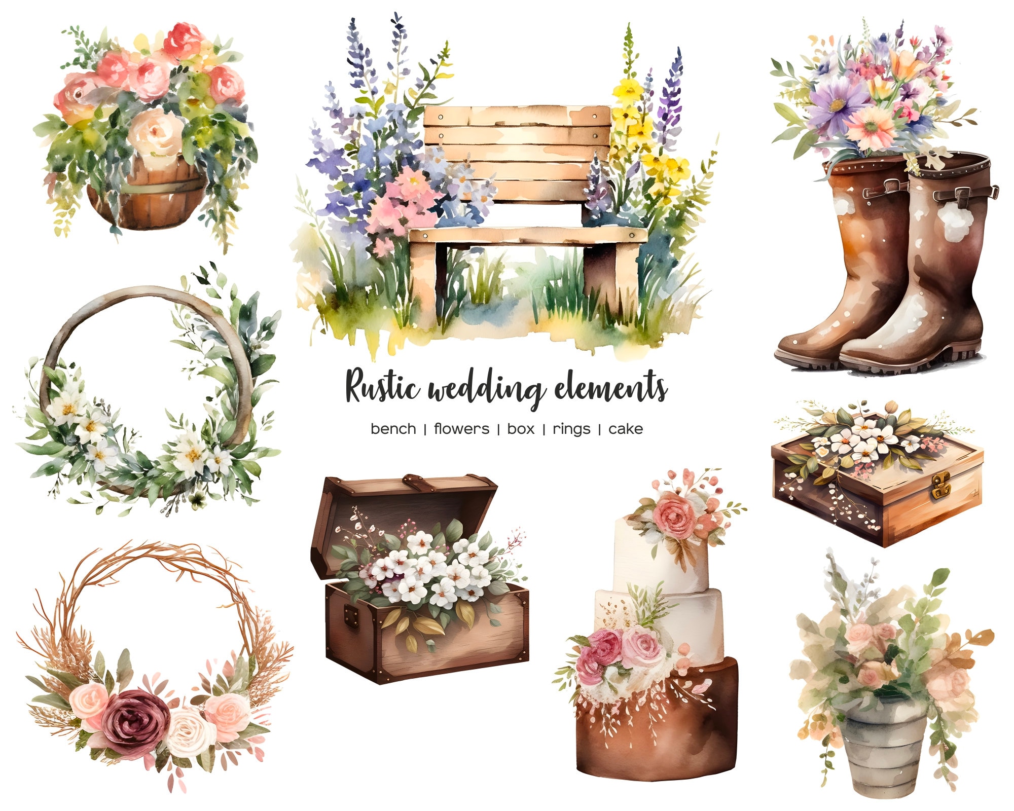 Watercolor Rustic Wedding Clipart. Country Wedding Theme Clip Art ...
