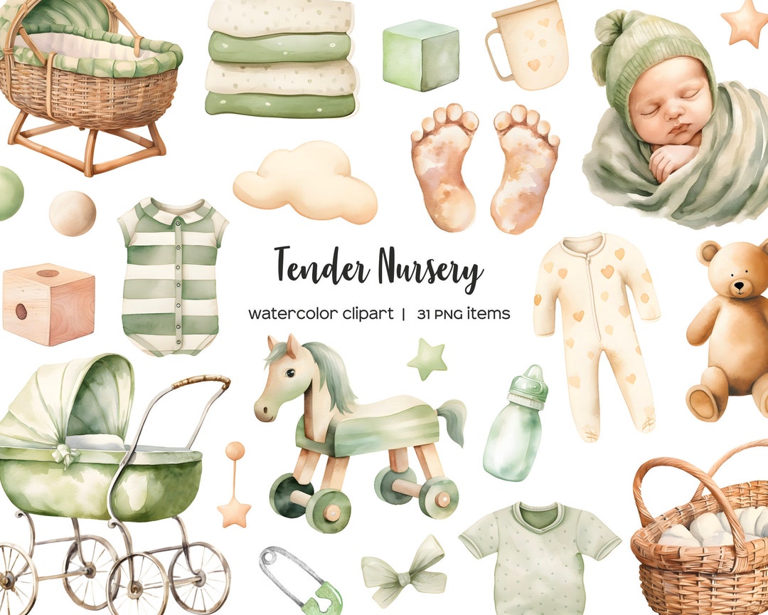 Watercolor Baby Clipart. Newborn Baby Clip Art. Pastel Beige and Green ...