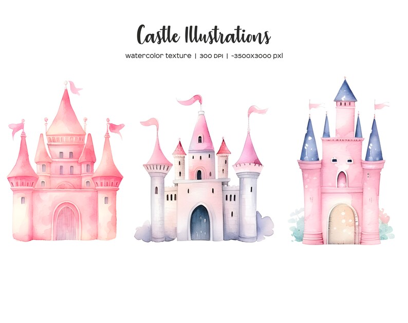 Watercolor Fairytale Castle Clipart. Princess Pink and Purple Castles ...