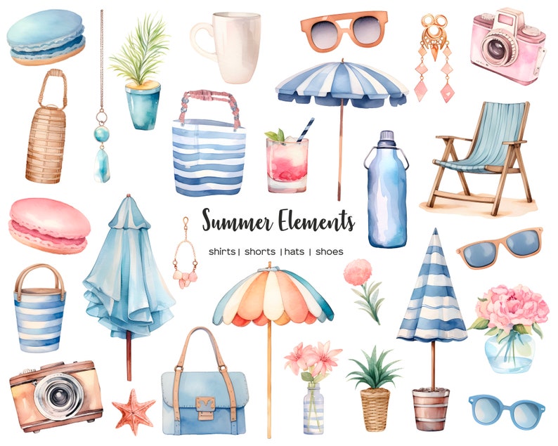 Watercolor Summer Clipart: Beach Vacation PNG Bundle (49 Items) - Etsy