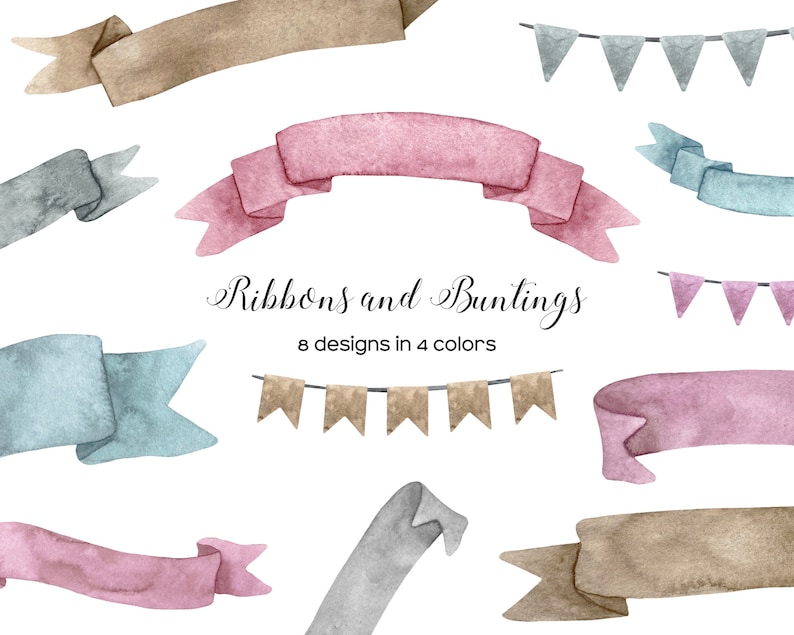Watercolor Ribbons and Bunting Clipart. Pastel Watercolor Banners. Pink ...