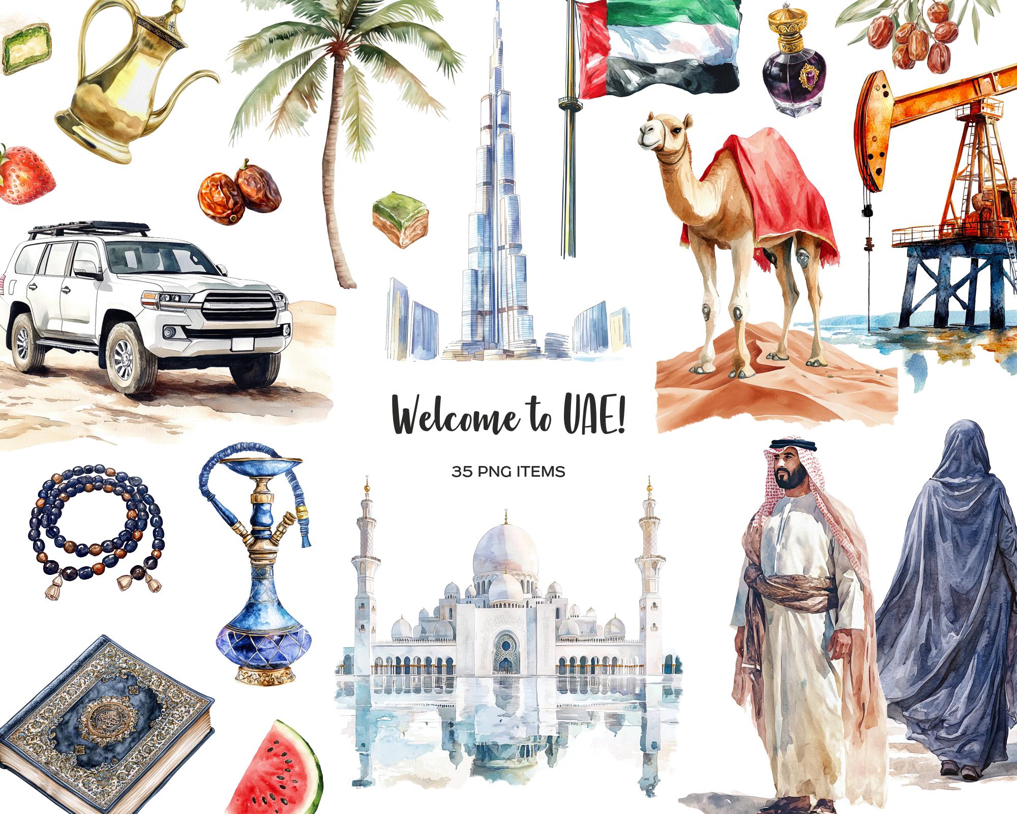Watercolor UAE Clipart: Emirati Symbols, Dubai & Abu Dhabi (PNG Digital ...