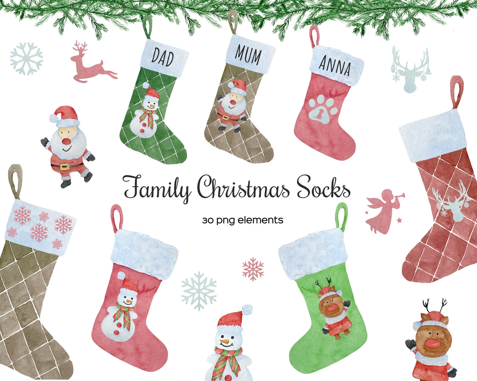 Watercolor Christmas Stockings Clipart. Personalised Xmas Socks Family ...