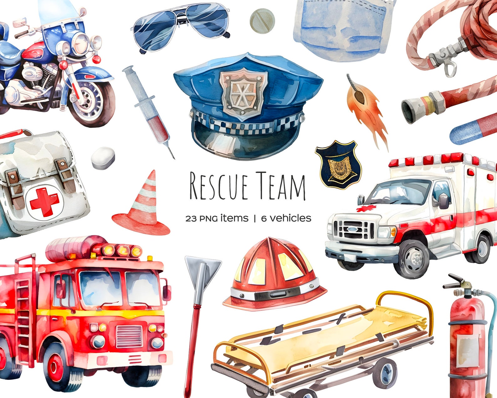 Watercolor Rescue Vehicles Clipart: Firetruck, Ambulance, Police (PNG ...